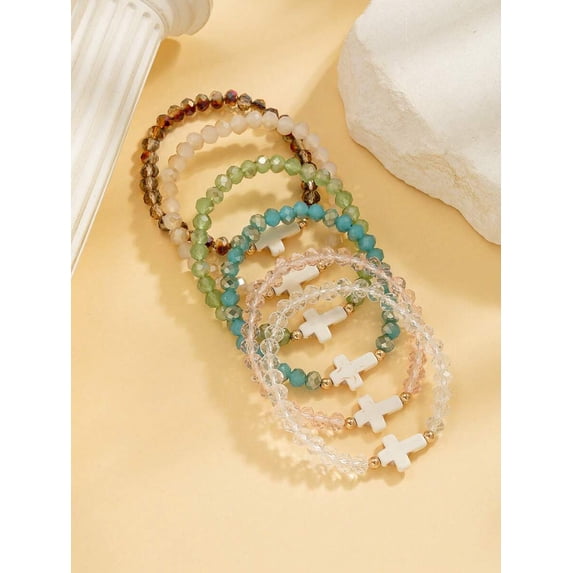 6pcs Multicolor Cross & Crystal Elastic Beaded Bracelet Set For Women ...