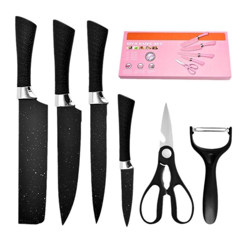 6pcs Professional Black Chef Knife Set, Stainless Steel Kitchen Knife ...