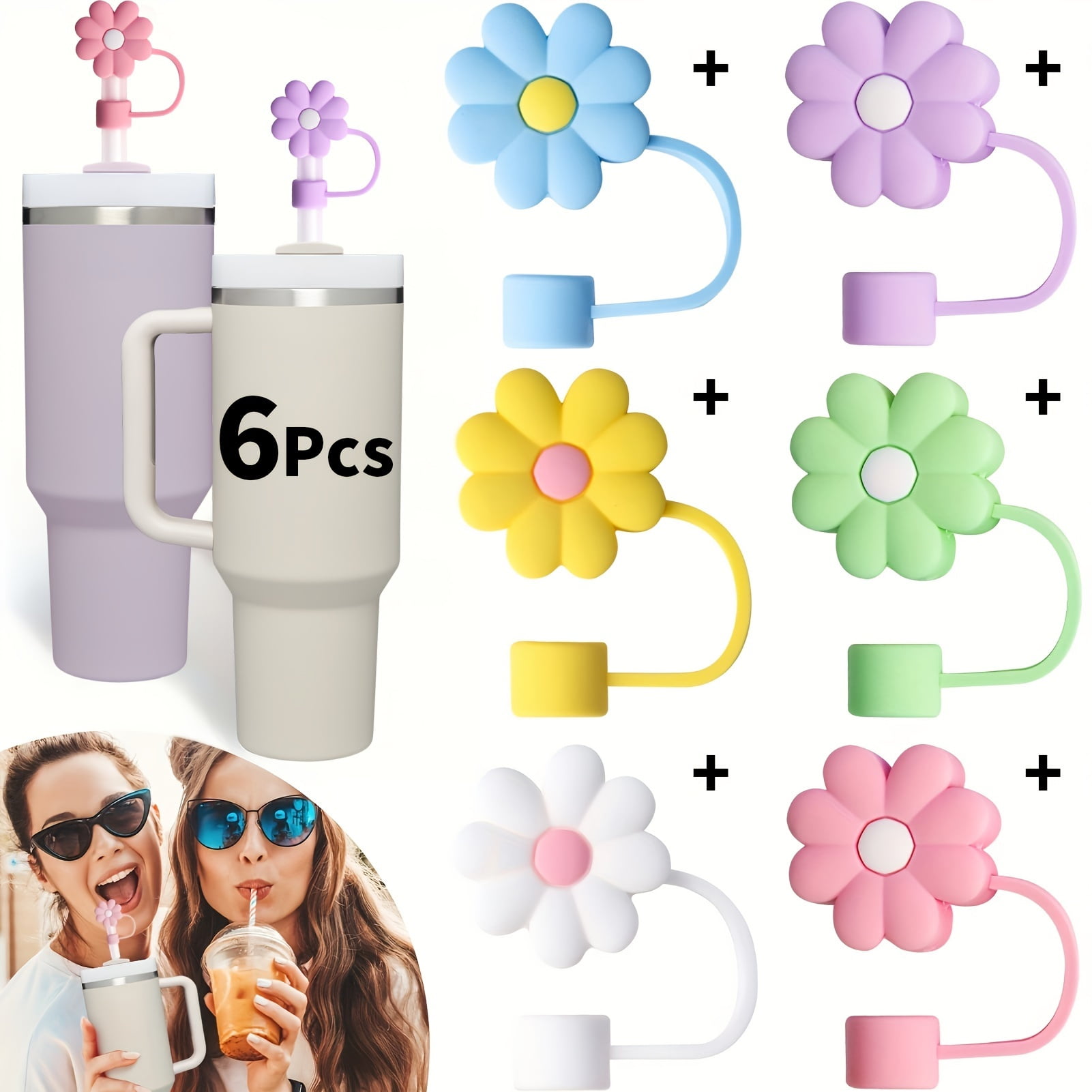 6pcs Reusable Flowers Shaped Straw Tip Covers, Cute Silicone Soft Straw ...