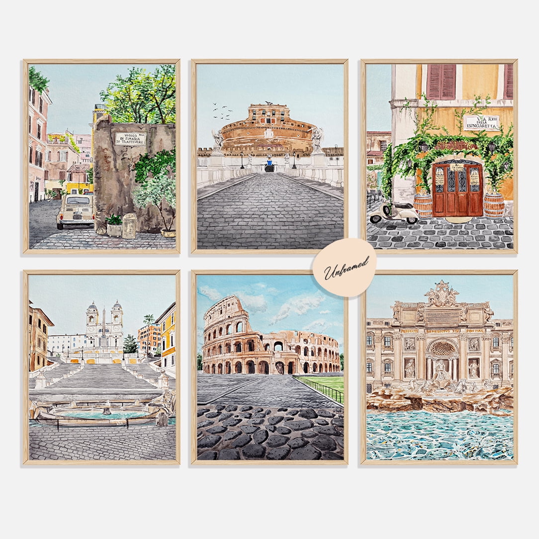 6pcs Rome Cityscape Watercolor Prints, Italy Wall Art Set, Frameless ...