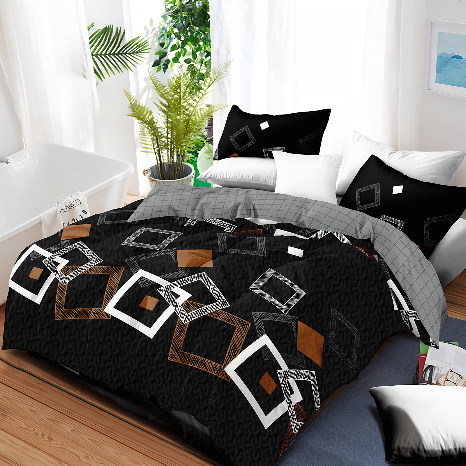 6pcs Satin Quilt Set, Polyester Woven Geometric-pattern Bedding Set ...