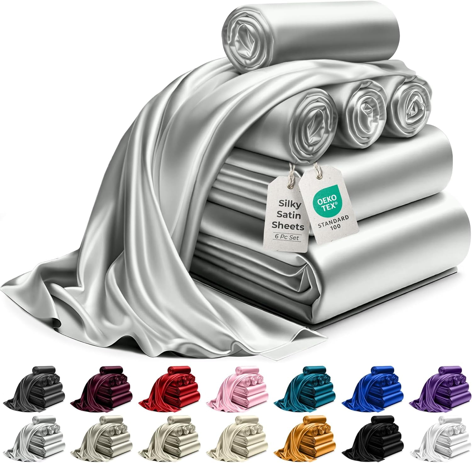 6pcs Satin Sheets Set - Silk Touch Satin Sheets w/Deep Pocket - All ...