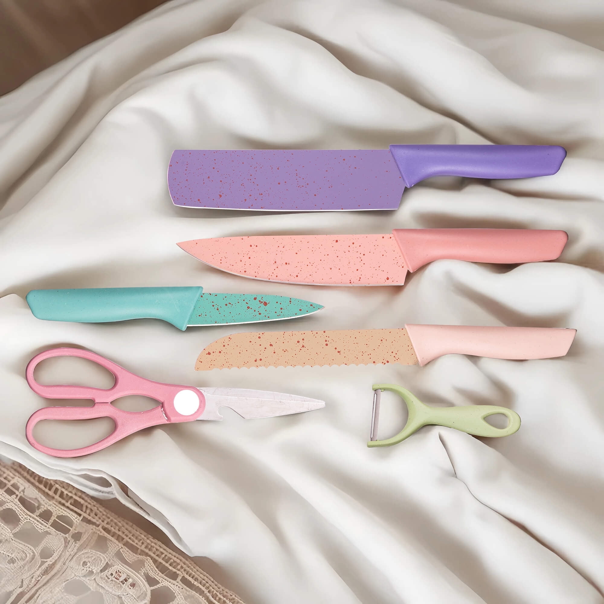 6pcs Set Macaron-Colored Stainless Steel Kitchen Knife Set With Wheat ...