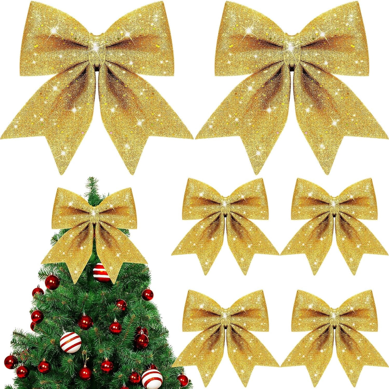 6pcs Shiny Bow Christmas Glitter Twist Tie Bows for Decoration Gift Box ...