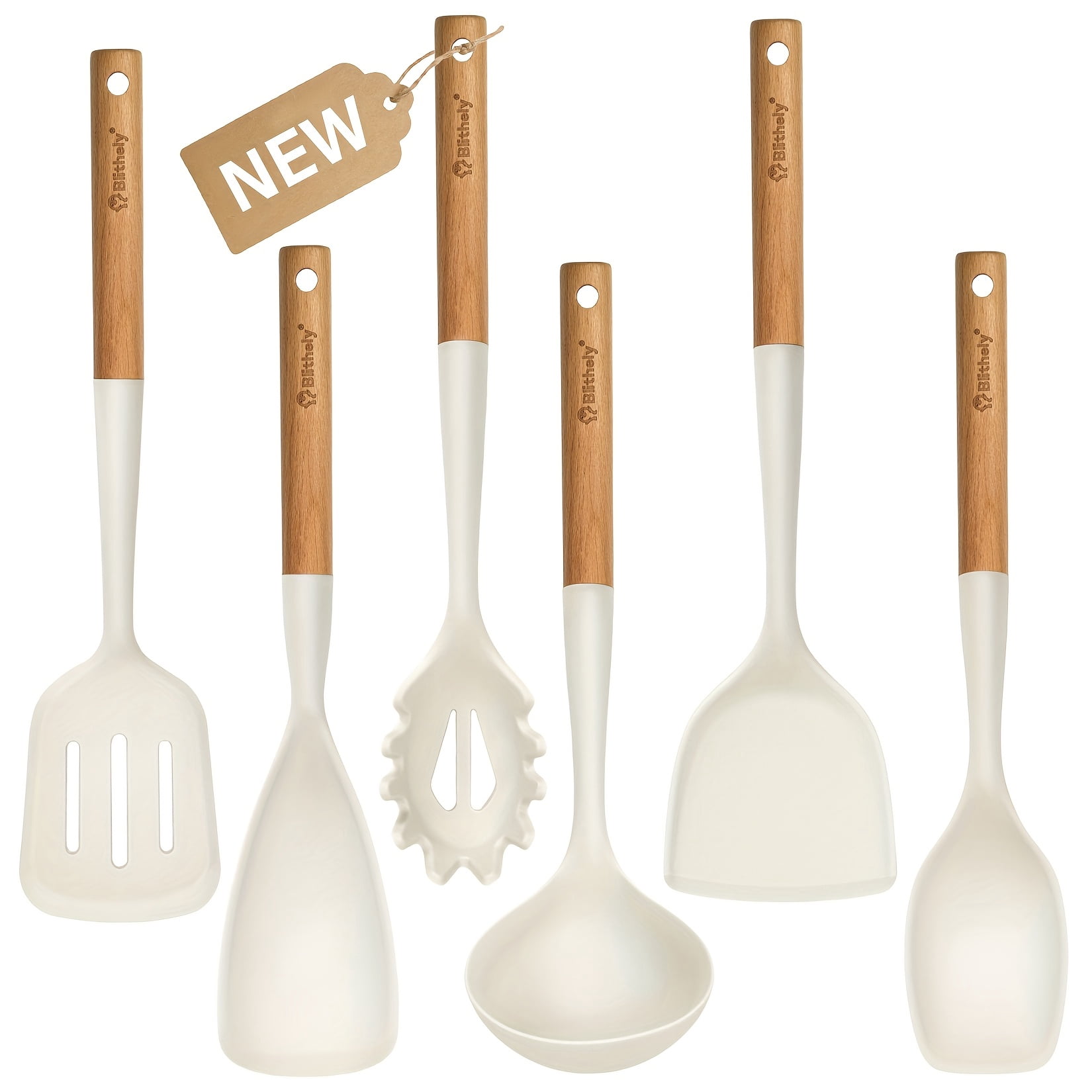 6pcs Silicone Cooking Utensils Set with Wooden Handle, Heat Resistant ...