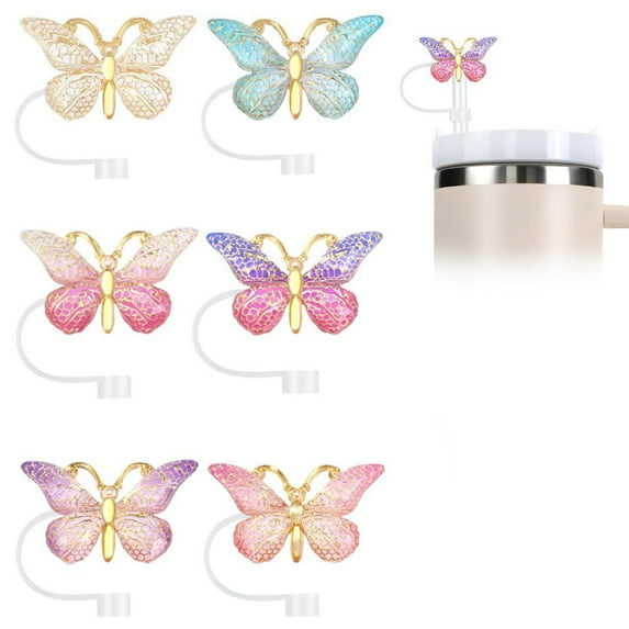 WAITLOVER Reusable Sparkling Butterfly Straw Toppers, Silicone Dust ...