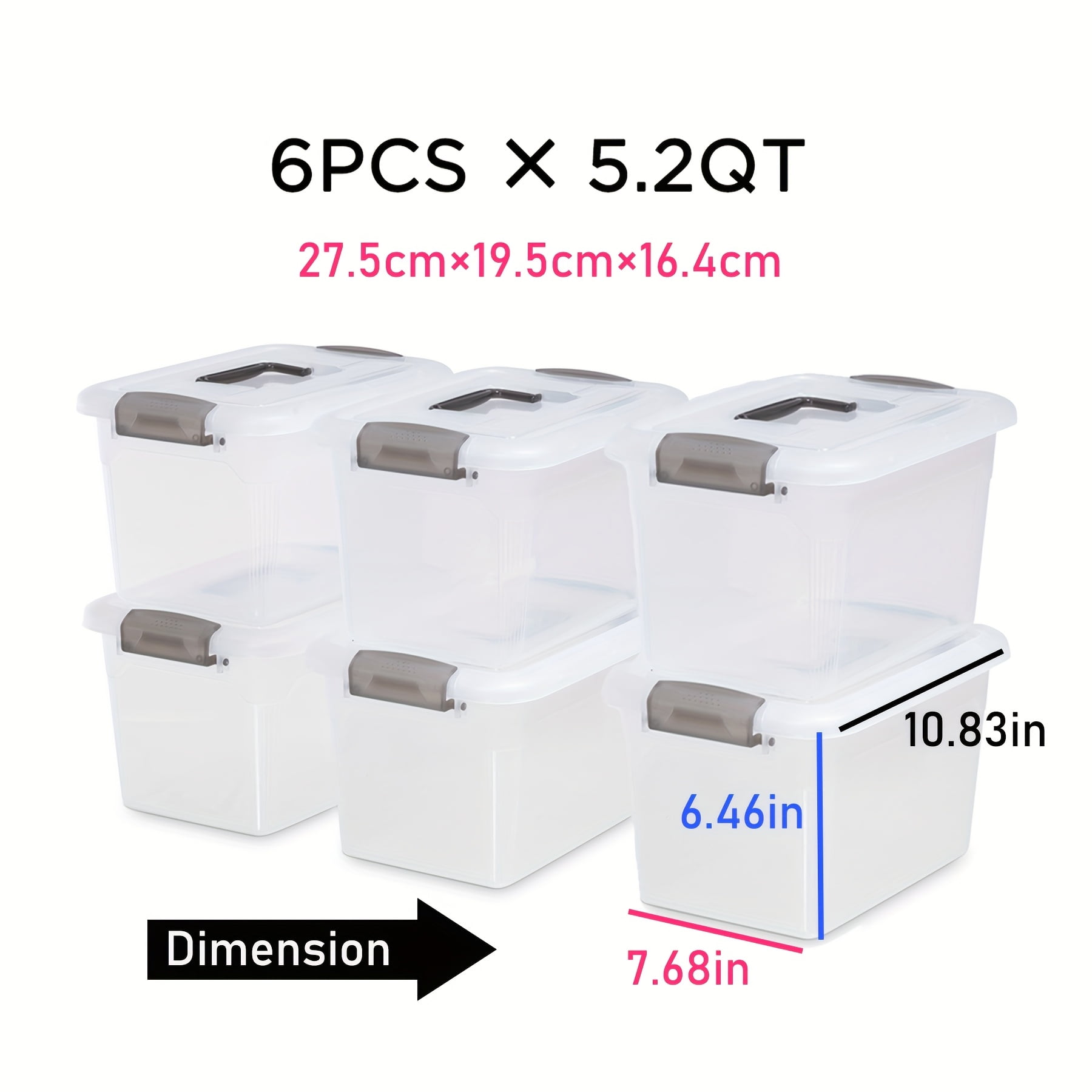 6pcs Stackable Storage Box - Transparent Plastic, Lock Cover, Handle ...