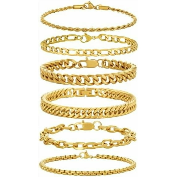 6pcs Stainless Steel Bracelets for Men Women Silver/Gold/Black Cuban ...
