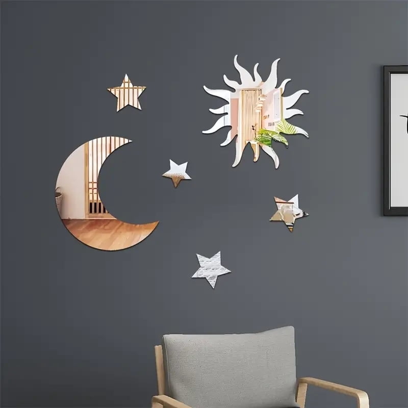 6pcs Star & Moon Combination Mirror Wall Sticker for Bedroom and Living ...