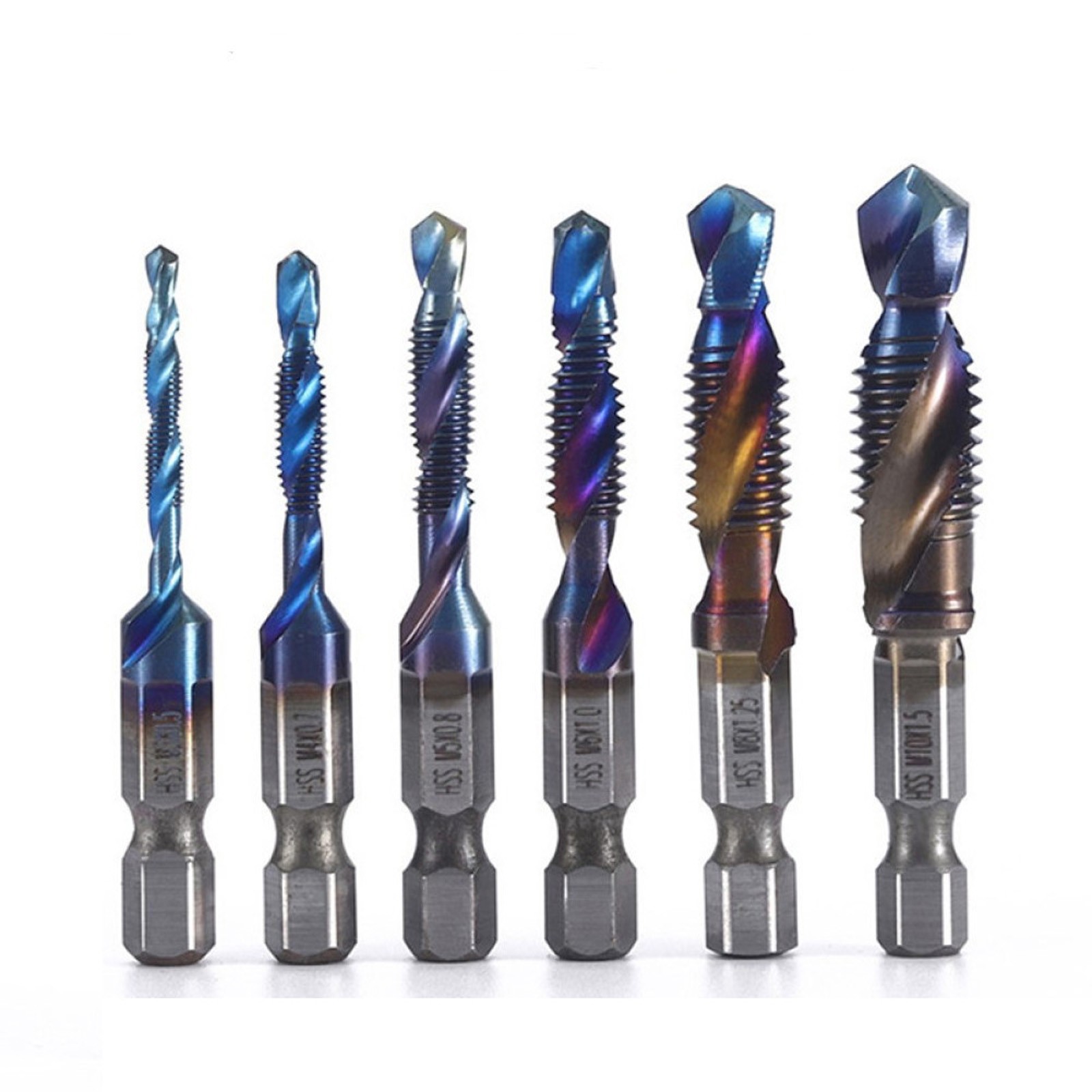 6pcs Titanium Plated Hex Shank HSS Screw Thread Metric Tap Drill ...