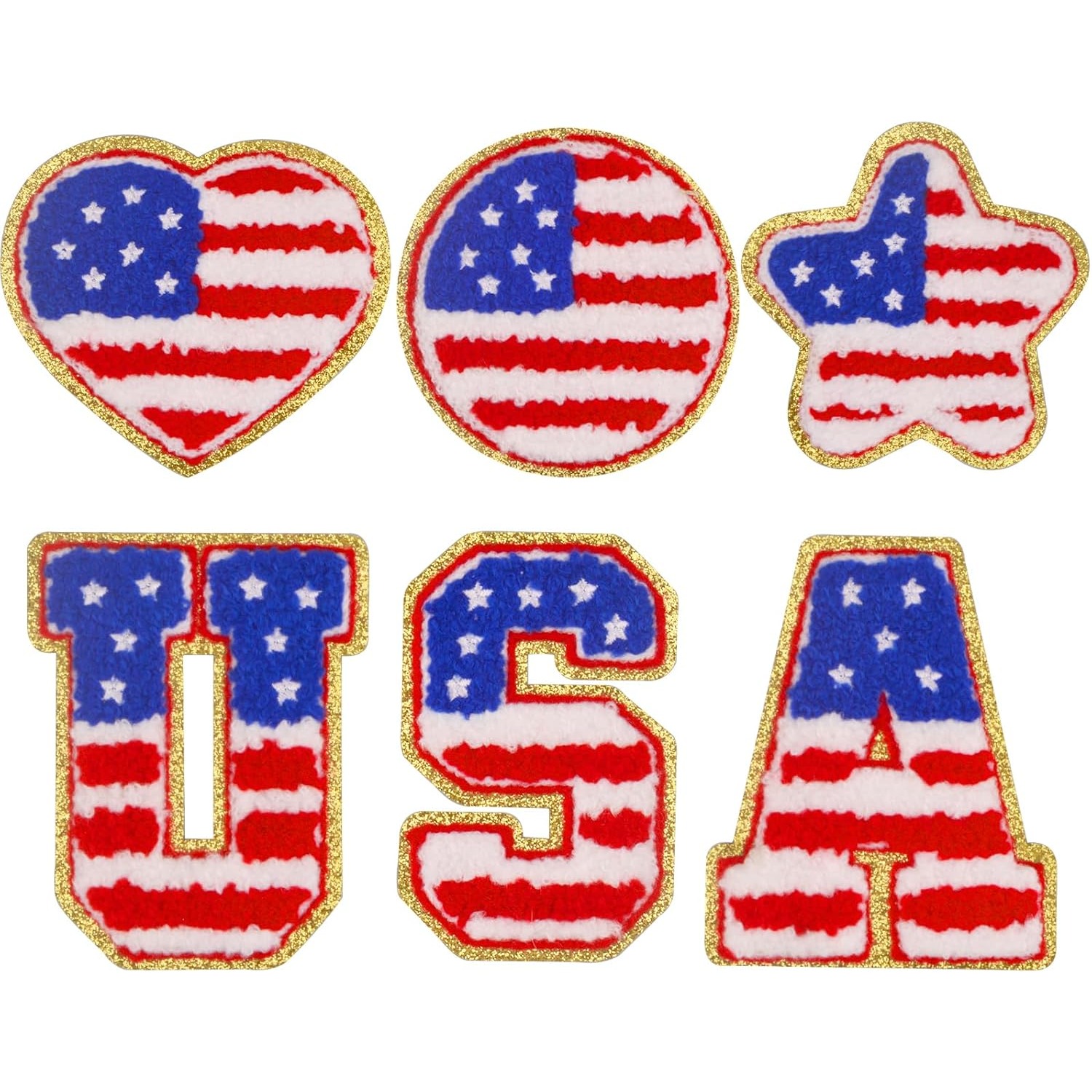 6pcs USA Flag Star Chenille Iron On Patches Golden Glitter Trimmed ...