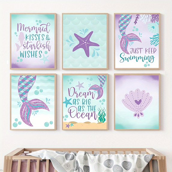 6pcs Unframed Mermaid Decor Prints - Whimsical Under the Sea Wall Art ...