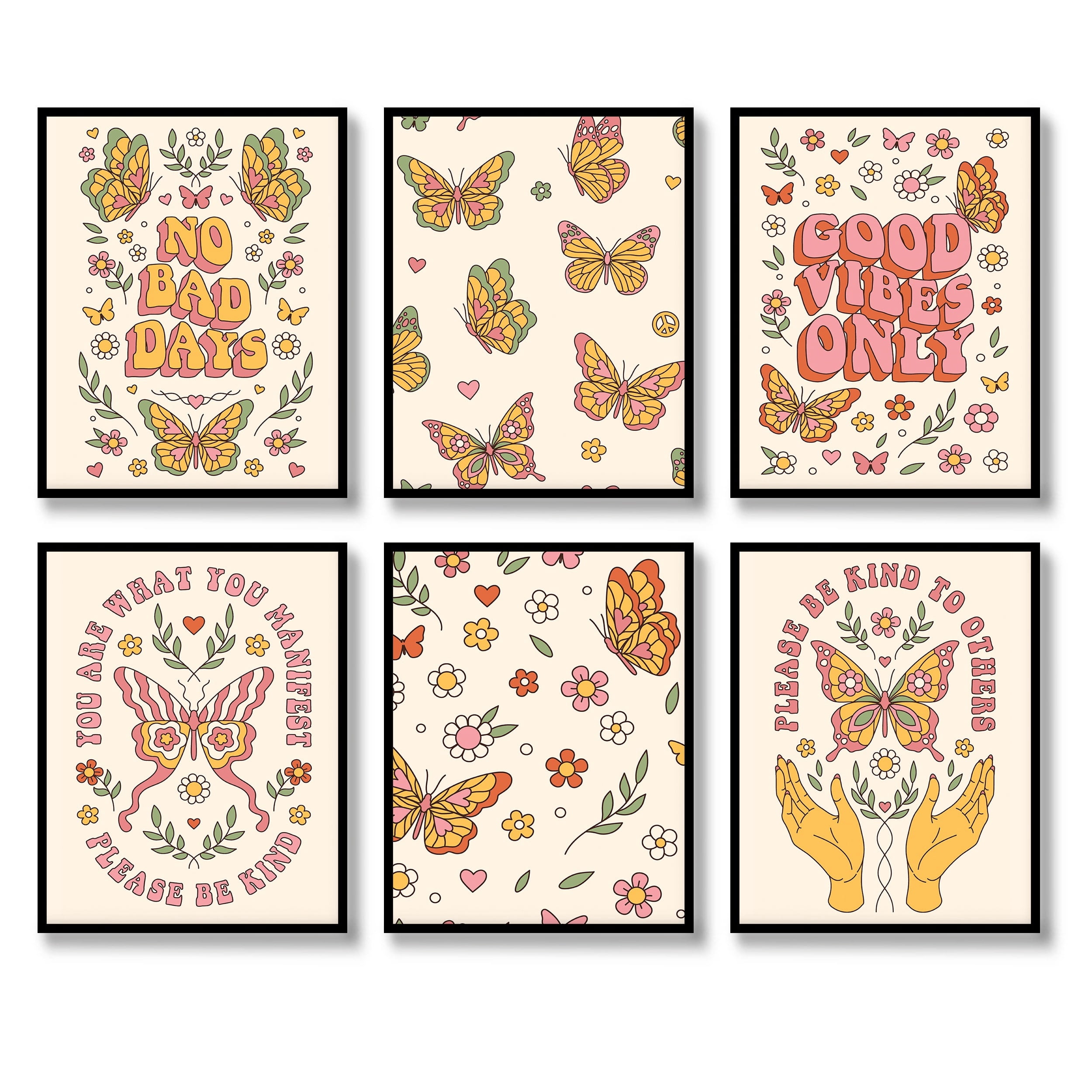 6pcs Vintage Hippie Wall Art - Flower & Butterfly Posters for Living ...