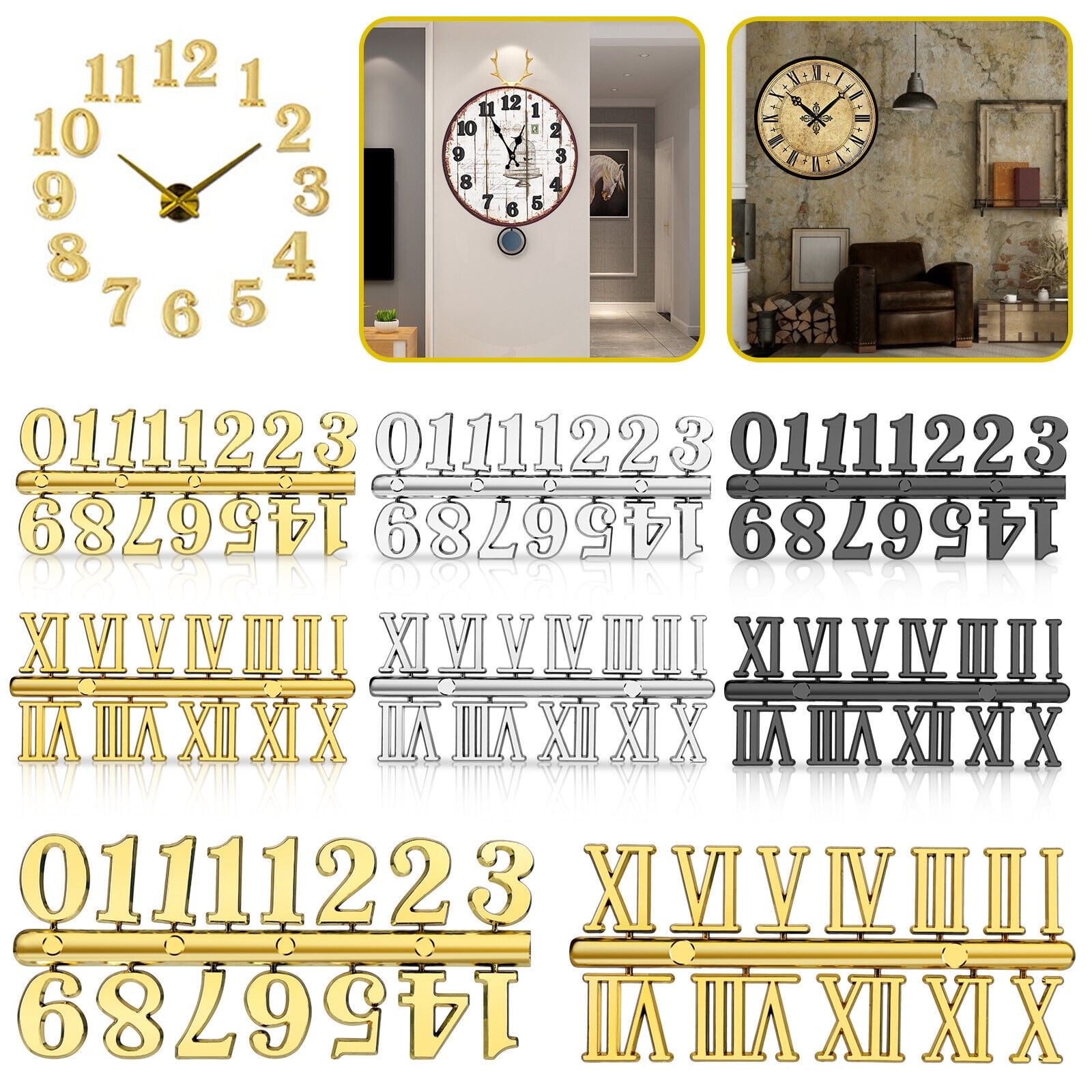 6pcs Wall Clock Numerals Kit Roman Digital Arabic Numbers DIY Repair ...