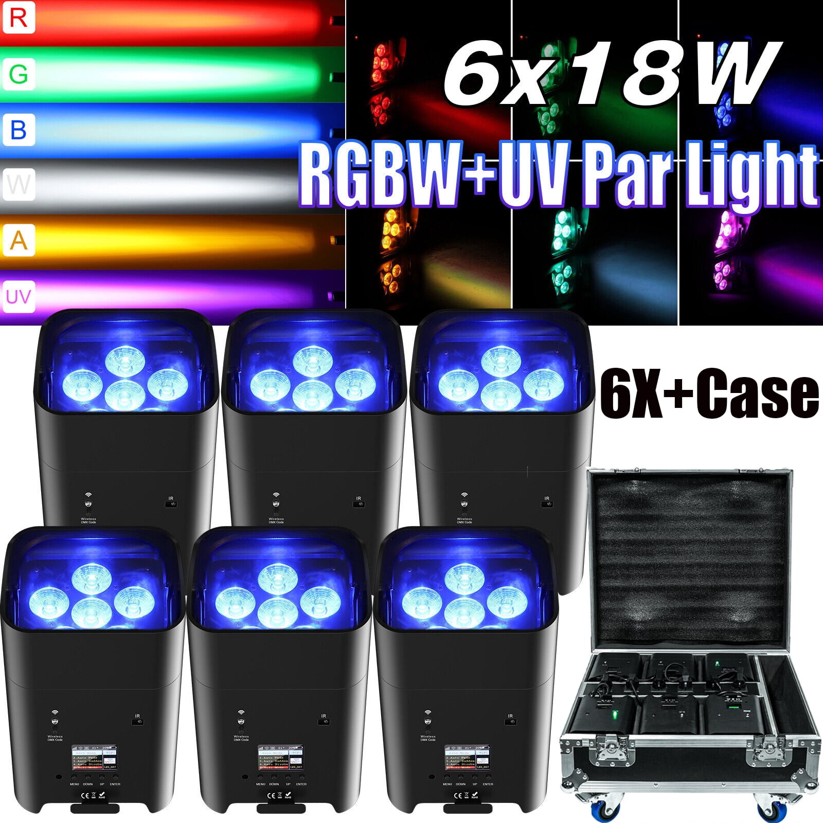 6pcs Wireless WiFi Par Light with Bag, 18W RGBWA+UV 6-in-1 Stage Light ...