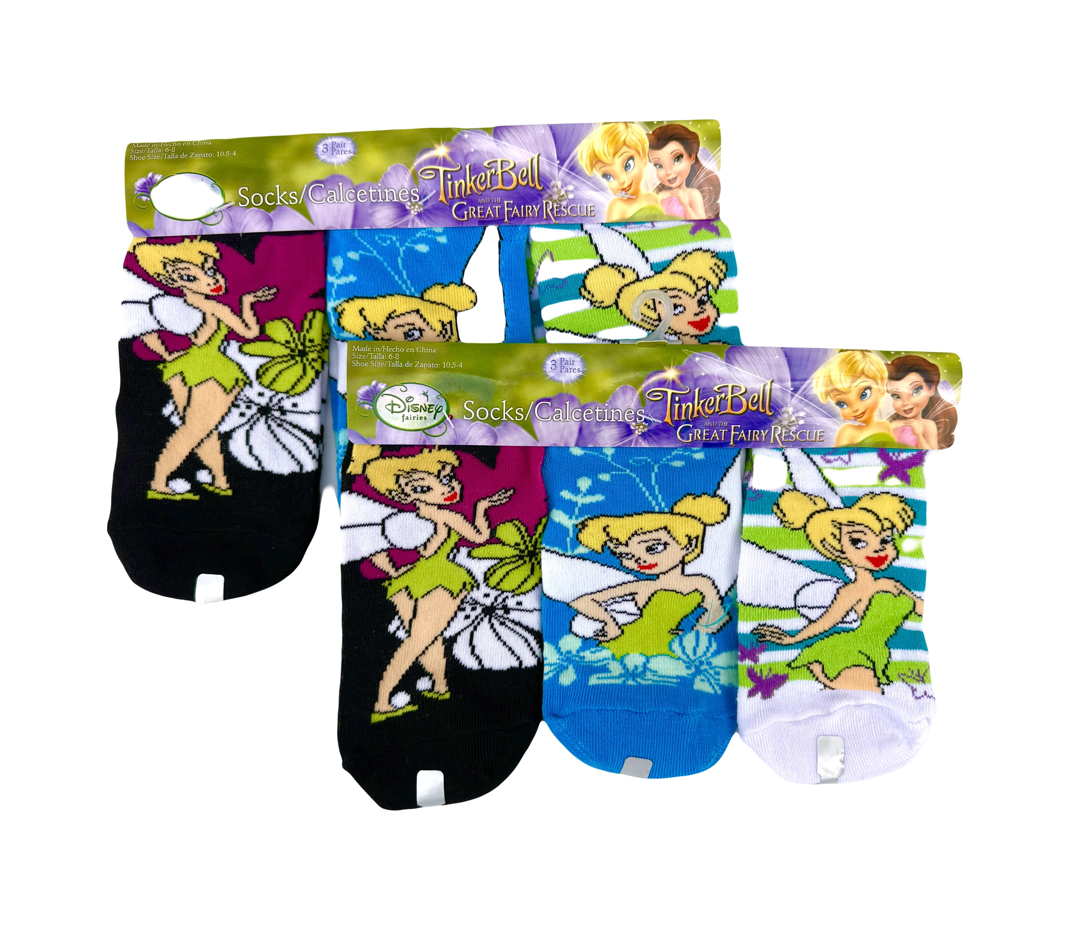 6pk Tinker Bell Black, Light Blue and White Floral Sock Collection ...
