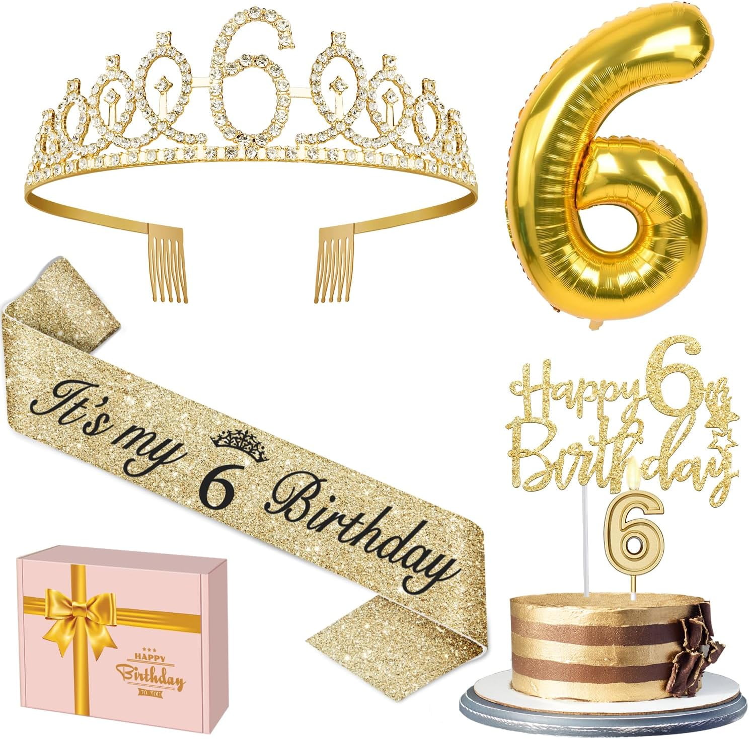 6th Birthday Decorations for Girl, Including 6th Birthday Girl Sash and Tiara, Numeral 6 Candle ...