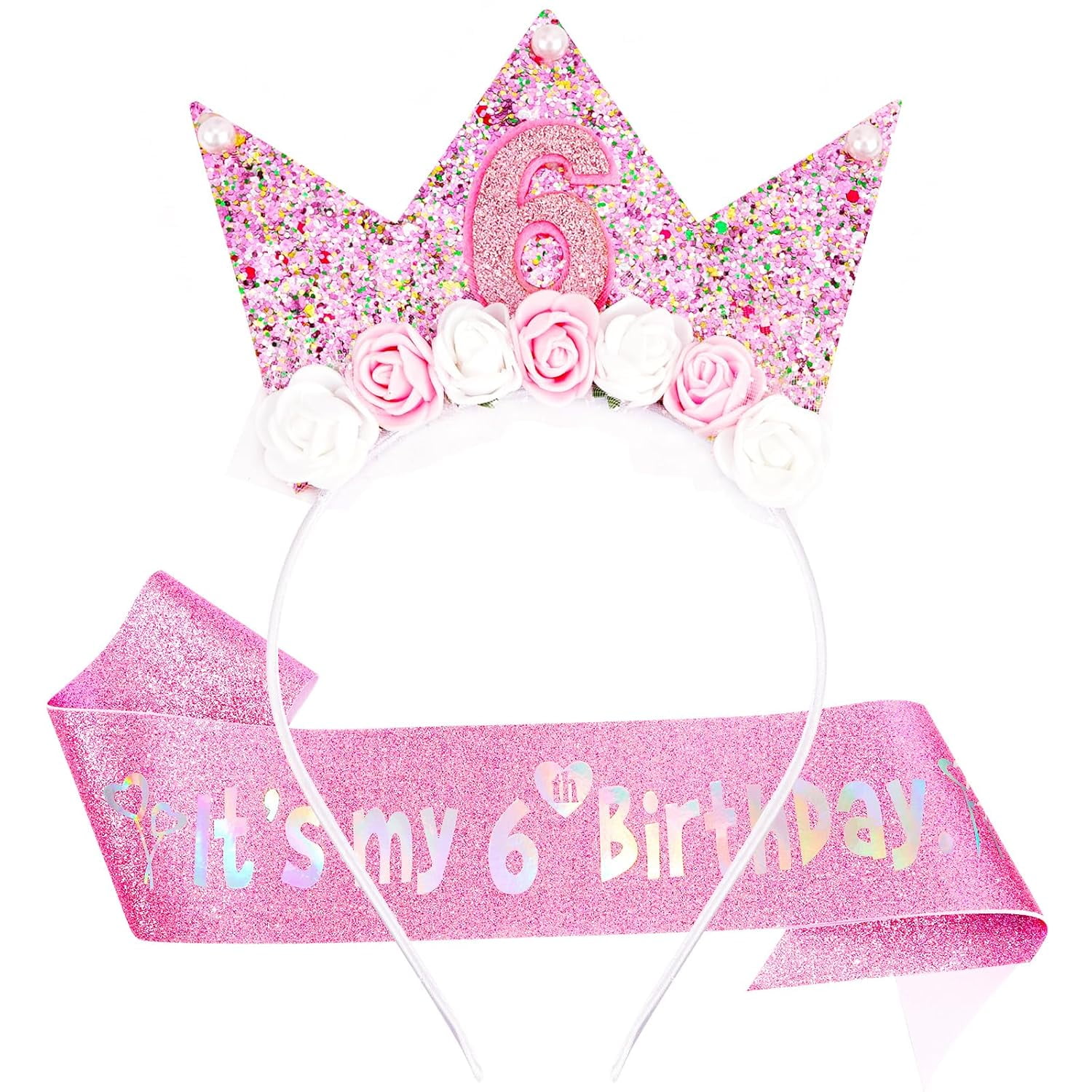 6th Birthday Decorations for Girls, Birthday Girl Headband & Glitter Sash Set for 6 Year Old ...