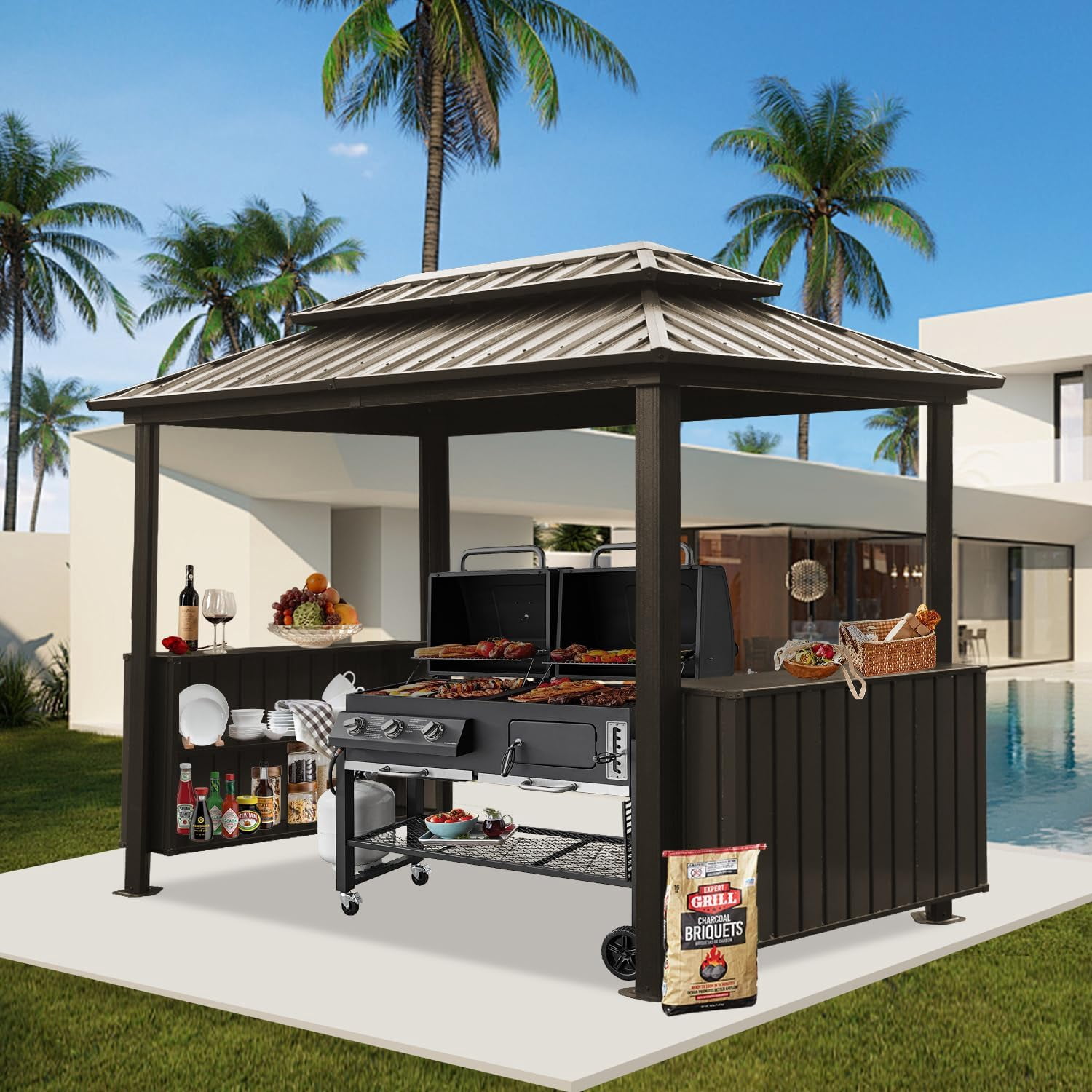 6x10FT Hardtop Grill Gazebo, Outdoor BBQ Gazebo with Double Galvanized ...