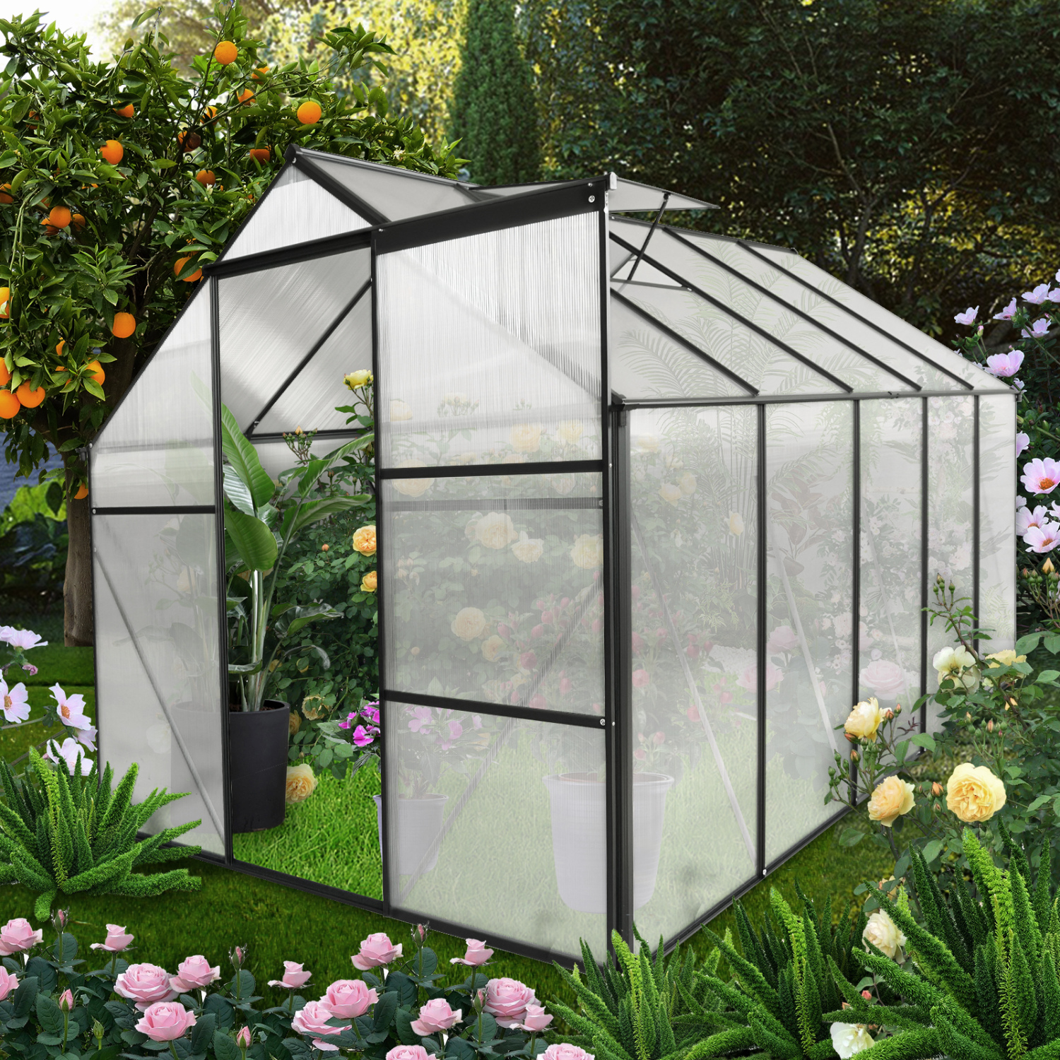 6x10FT Outdoor Patio Greenhouse with Adjustable Roof Vent &Sliding Door ...