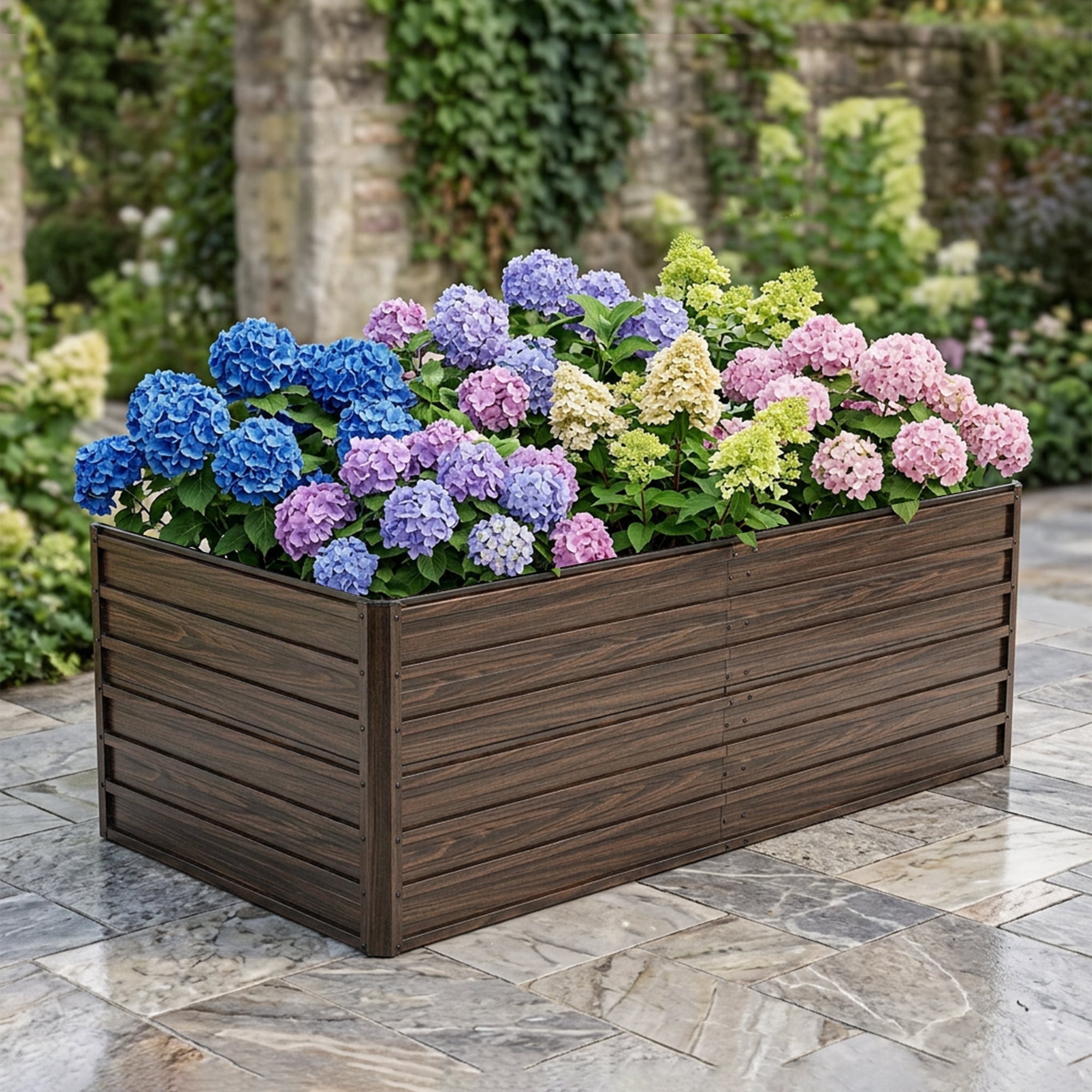 Metal Elevated Raised Garden Bed Wood Grain Color Rust-Resistant Steel ...