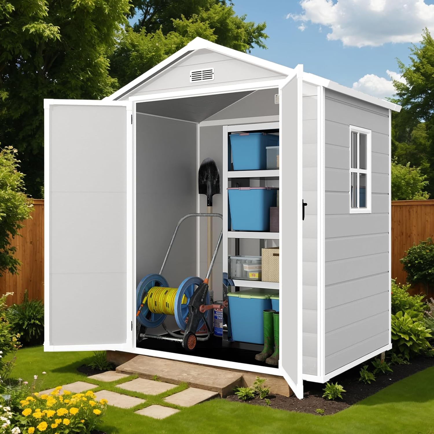 6x4.4ft Outdoor Resin Storage Shed with Reinforced Floor, All Weather ...