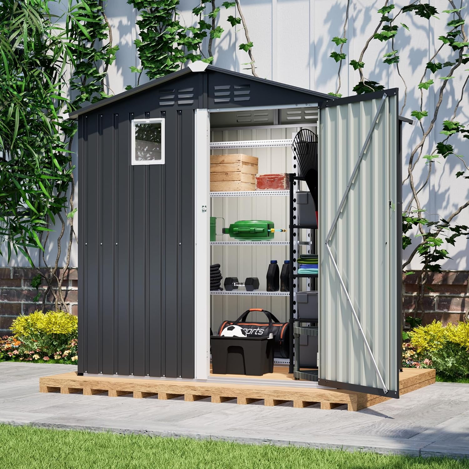 6x4 FT Outdoor Storage Shed with Windows Metal Garden Sheds with ...