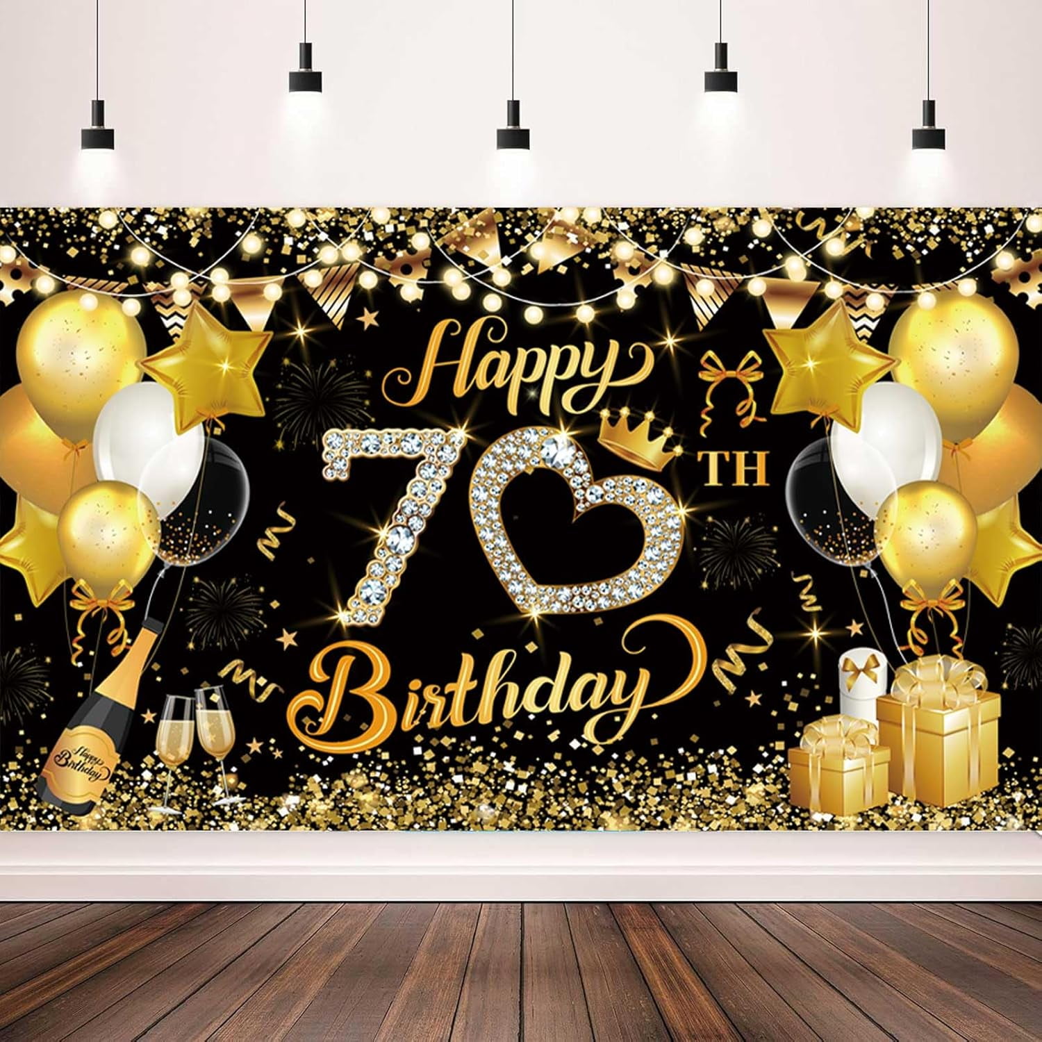 6x4FT 70th Happy Birthday Backdrop Happy Birthday Banner, Glitter Black ...