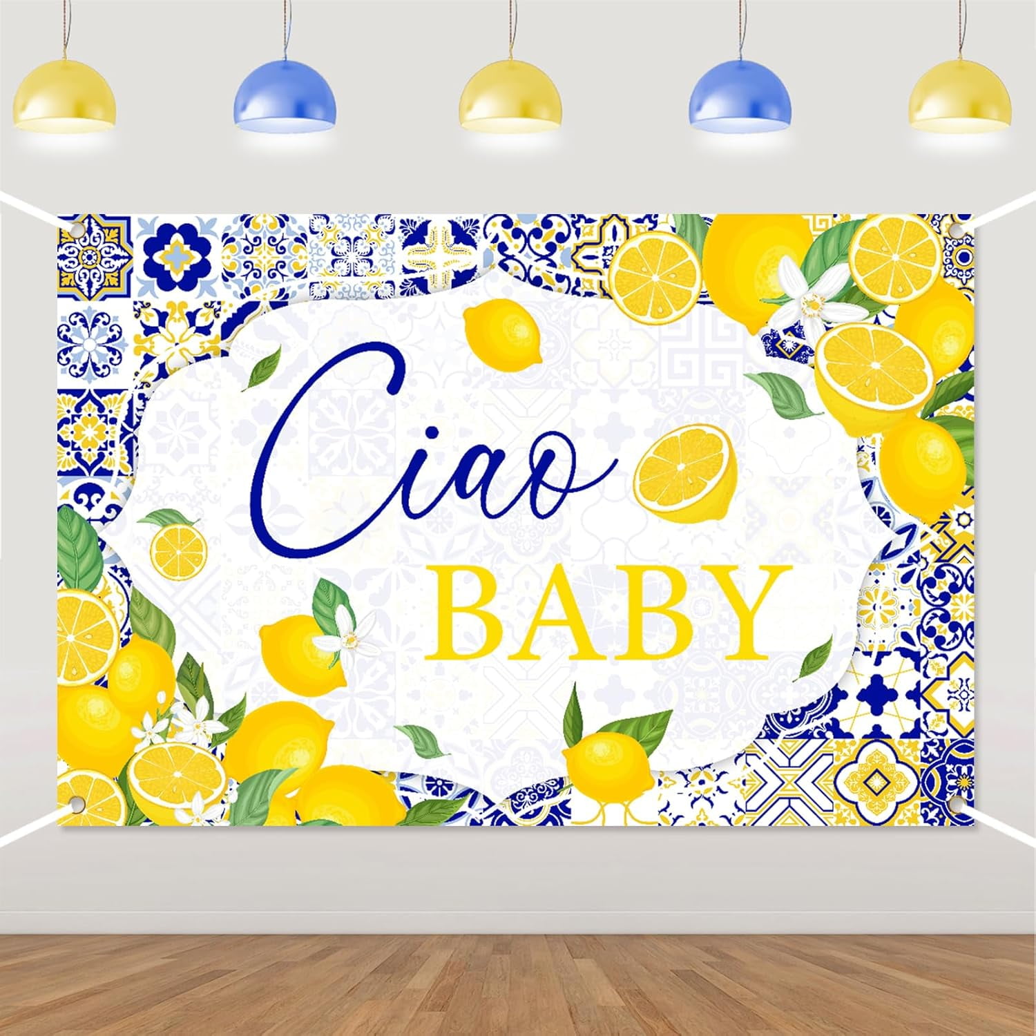 6x4FT Ciao Baby Backdrop Blue Tiles Lemon Ciao Baby Shower Photography ...