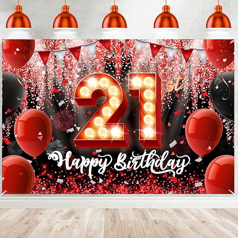6x4Ft 21st Happy Birthday Banner Red Glitter Sequin Balloon Banner ...