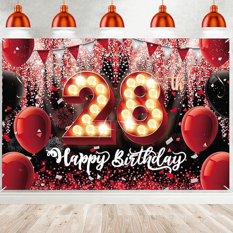 6x4Ft 28th Happy Birthday Banner Red Glitter Sequin Balloon Banner ...