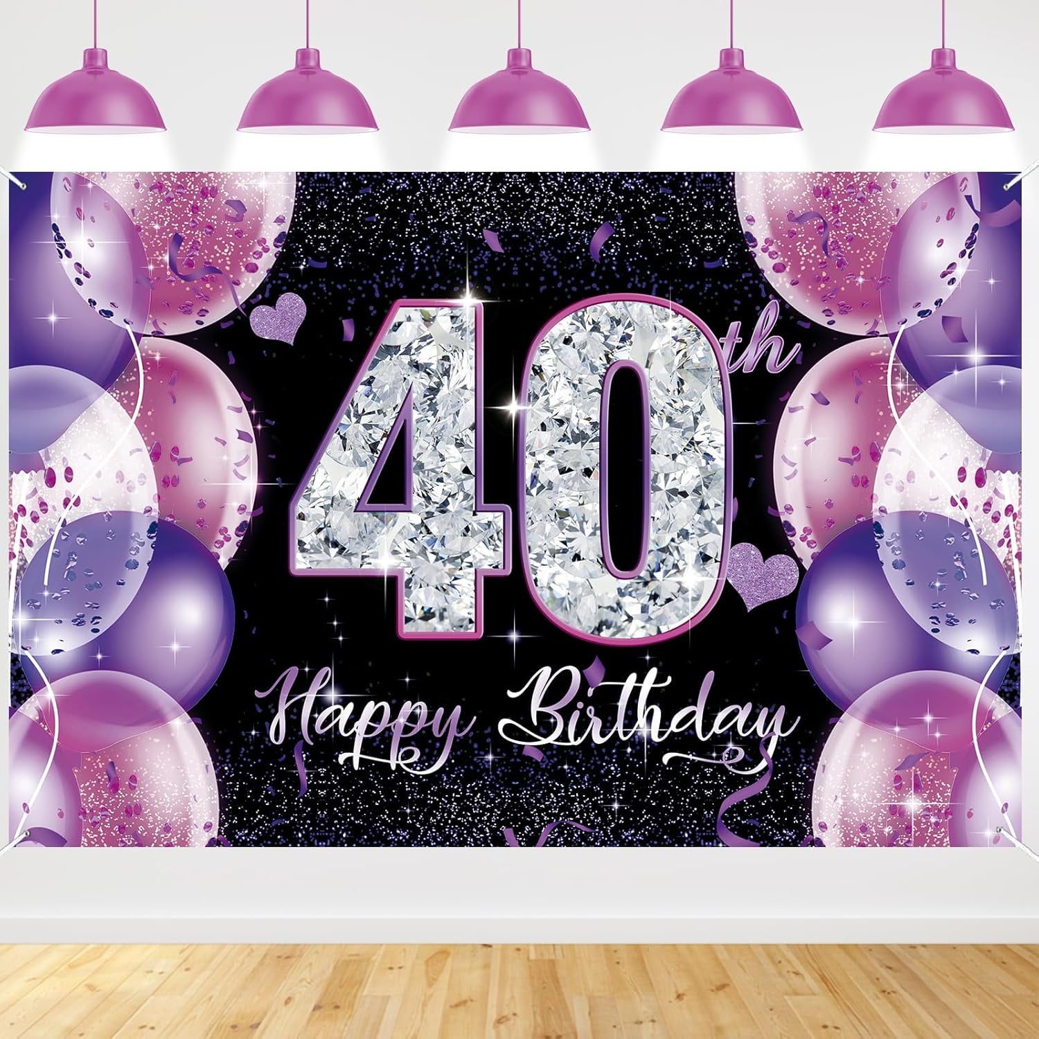 6x4Ft 40th Happy Birthday Banner Purple Balloon Themed Shiny Diamond Noble Elegant Decor for ...