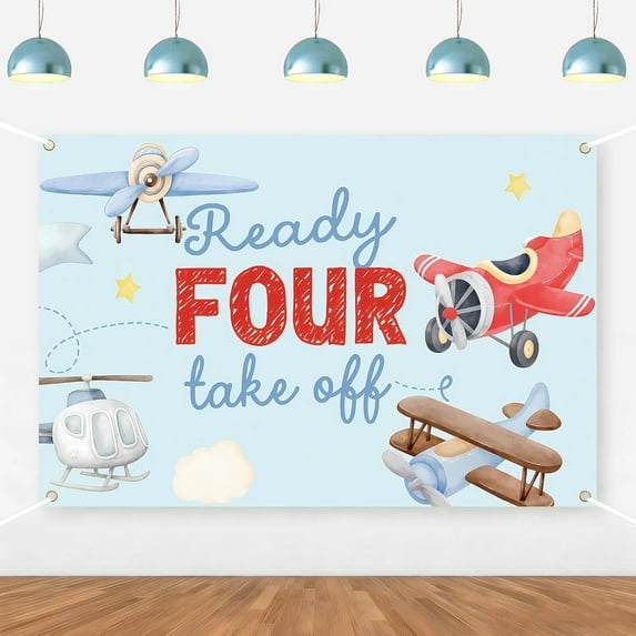 6x4Ft Airplane 4th Birthday Backdrop Ready Four Take Off Background for ...