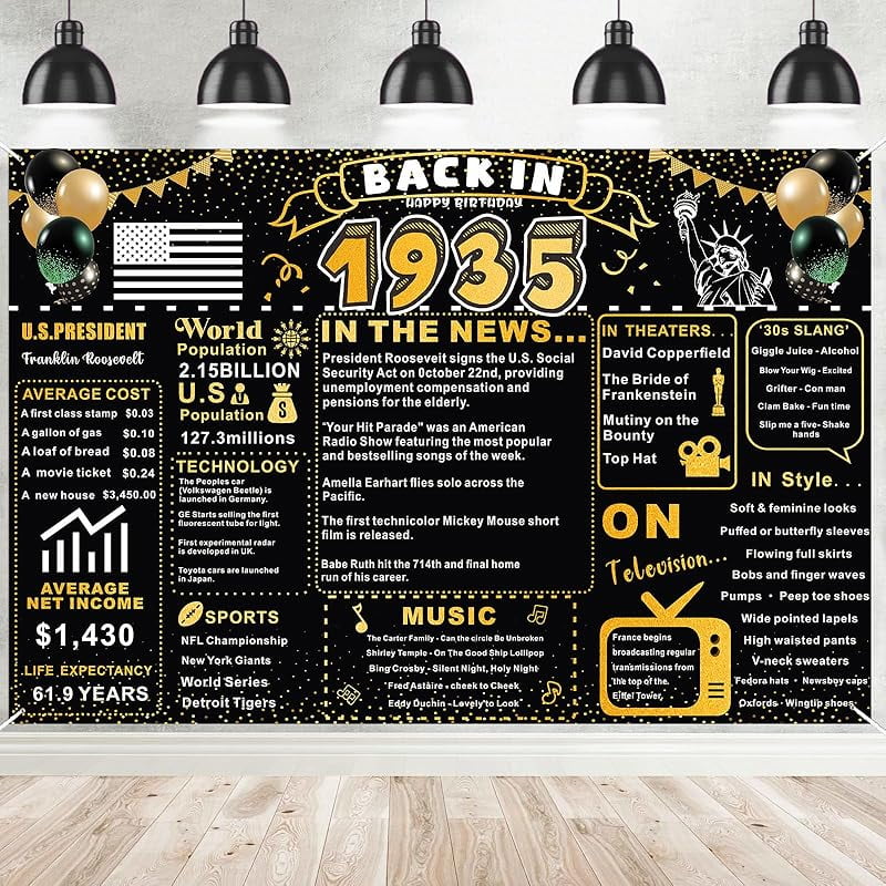 6x4Ft Back In 1935 Gold and Black 90th Birthday Decorations Happy 90th Birthday Banner Vintage ...