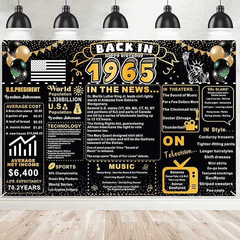 6x4Ft Back In 1965 Gold and Black 60th Birthday Decorations Happy 60th ...