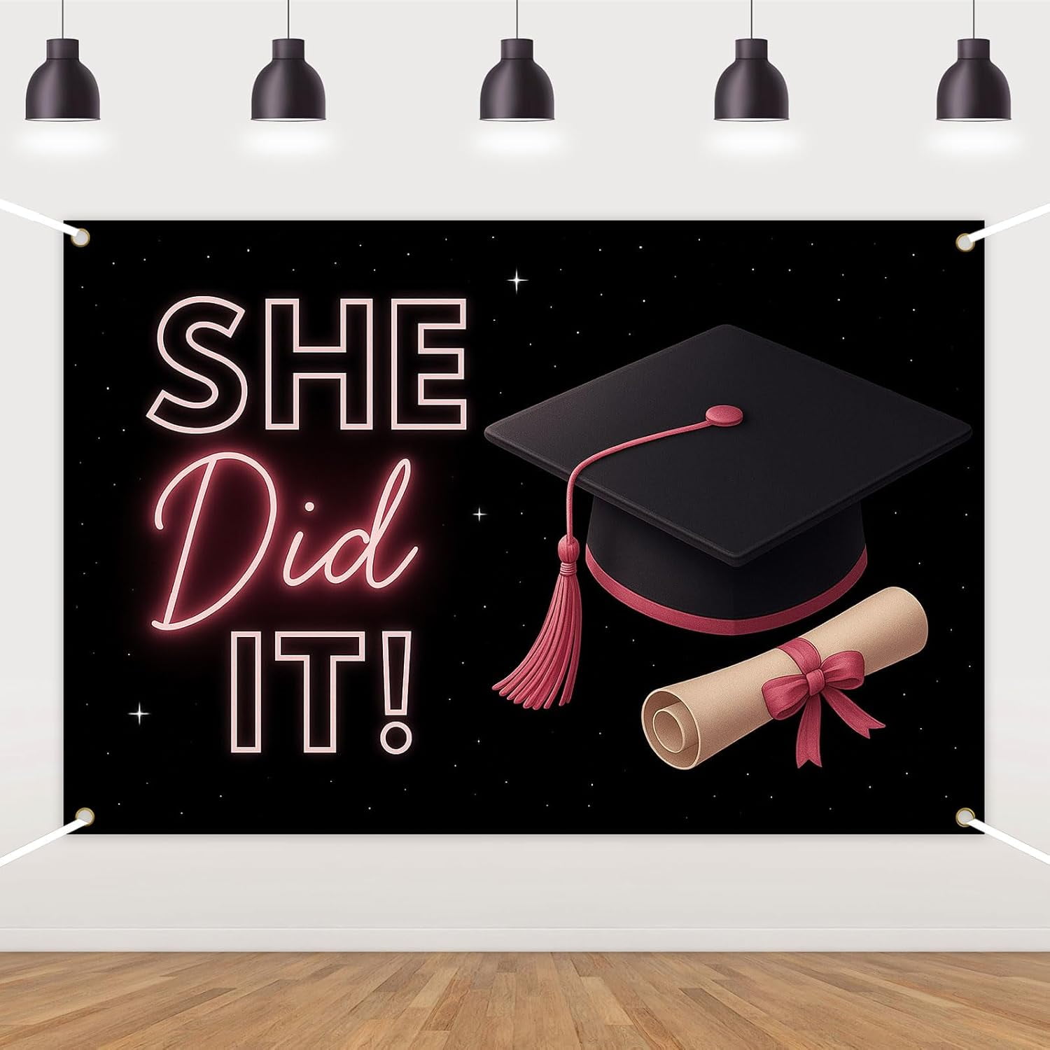 6x4Ft She Did It Grad Backdrop Black and Pink Graduation Photography ...