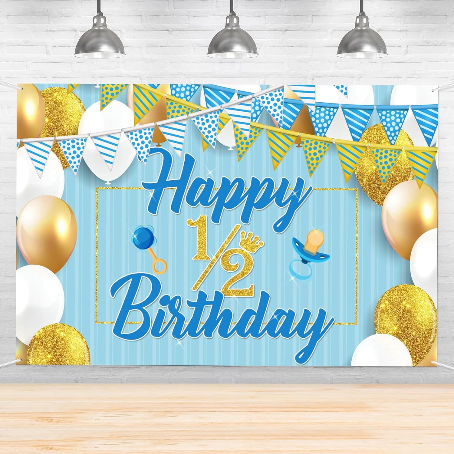6x4Ft Happy 1/2 Birthday Backdrop Blue and Gold Half Way to One ...