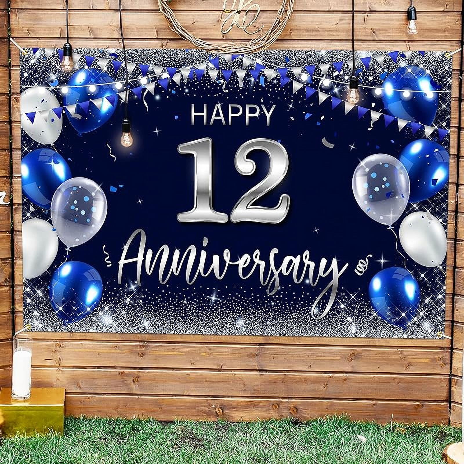 6x4Ft Happy 12th Anniversary Backdrop Banner Decor Navy Blue Silver ...