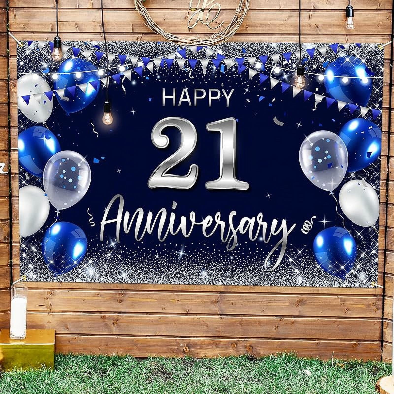 6x4Ft Happy 21st Anniversary Backdrop Banner Decor Navy Blue Silver Glitter Happy 21 Years ...