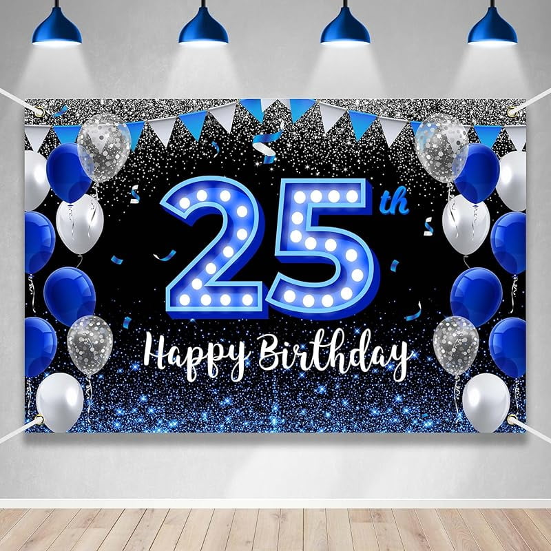 6x4Ft Happy 25th Birthday Backdrop Banner Blue Black Theme Background ...