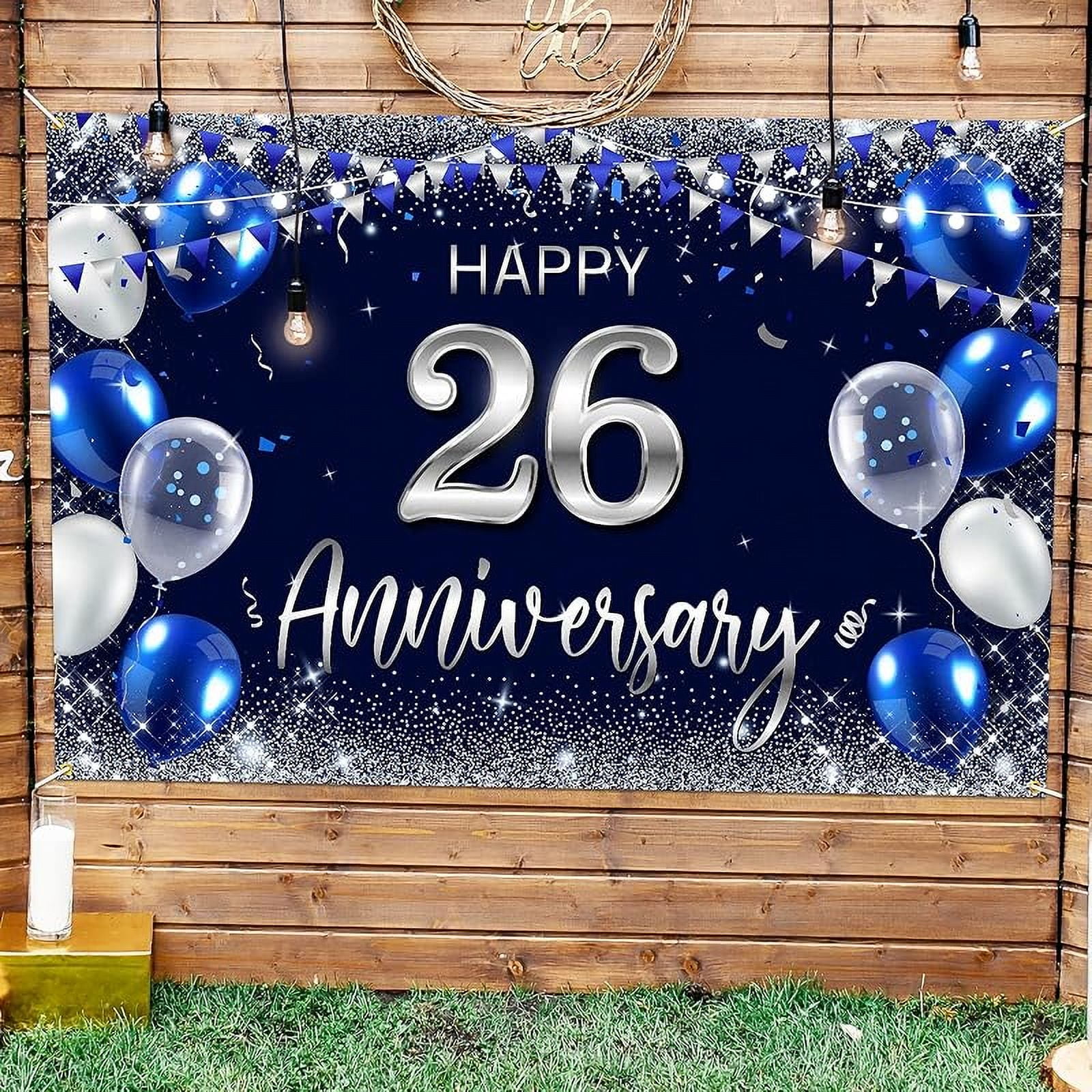6x4Ft Happy 26th Anniversary Backdrop Banner Decor Navy Blue Silver ...