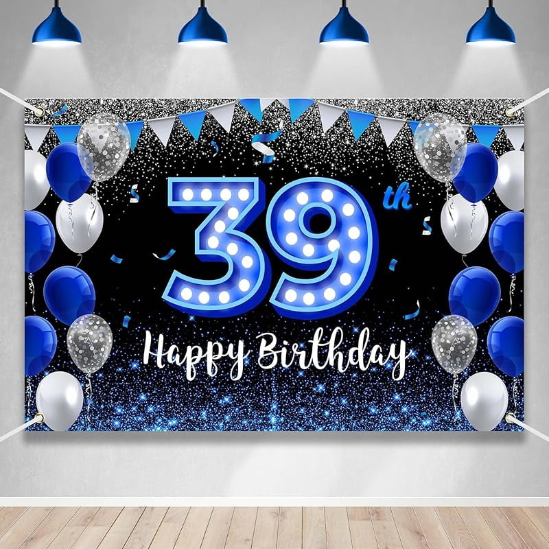 6x4Ft Happy 39th Birthday Backdrop Banner Blue Black Theme Background ...