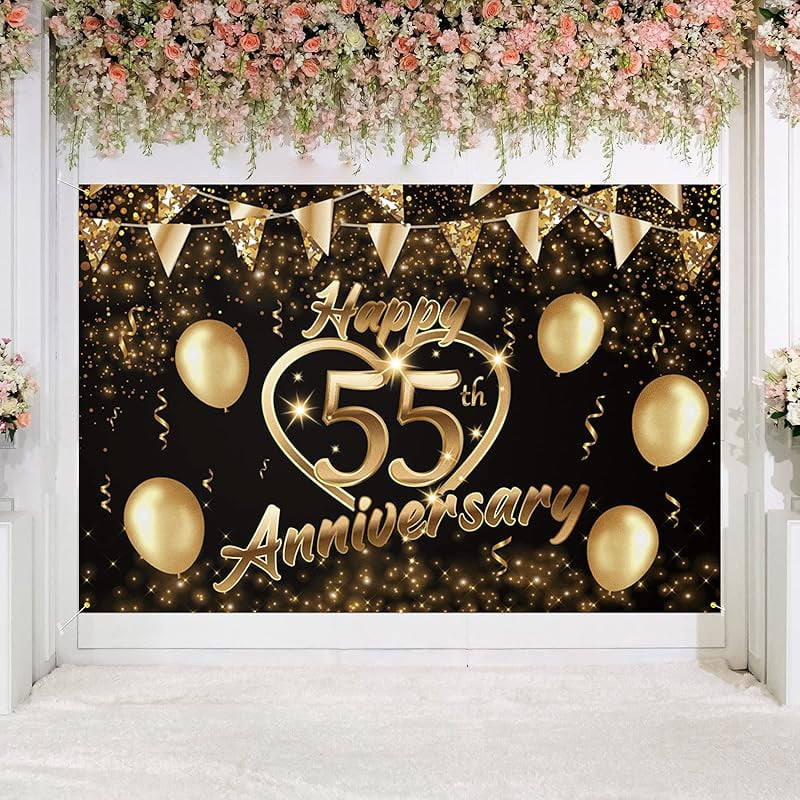 6x4Ft Happy 55th Anniversary Backdrop Banner Decor Black Gold – Glitter ...