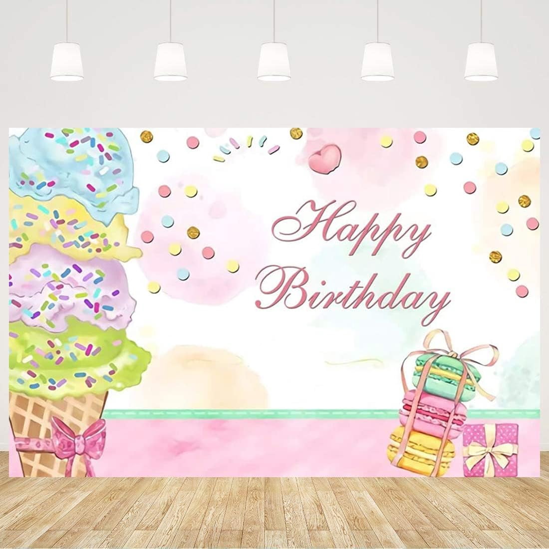 6x4Ft Happy Birthday Backdrop Ice Cream Macarons Birthday Gifts ...