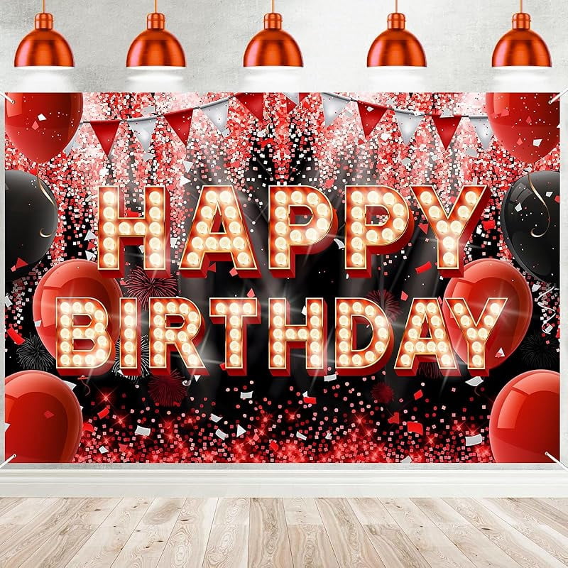 6x4Ft Happy Birthday Banner Red Glitter Sequin Balloon Banner Backdrop ...