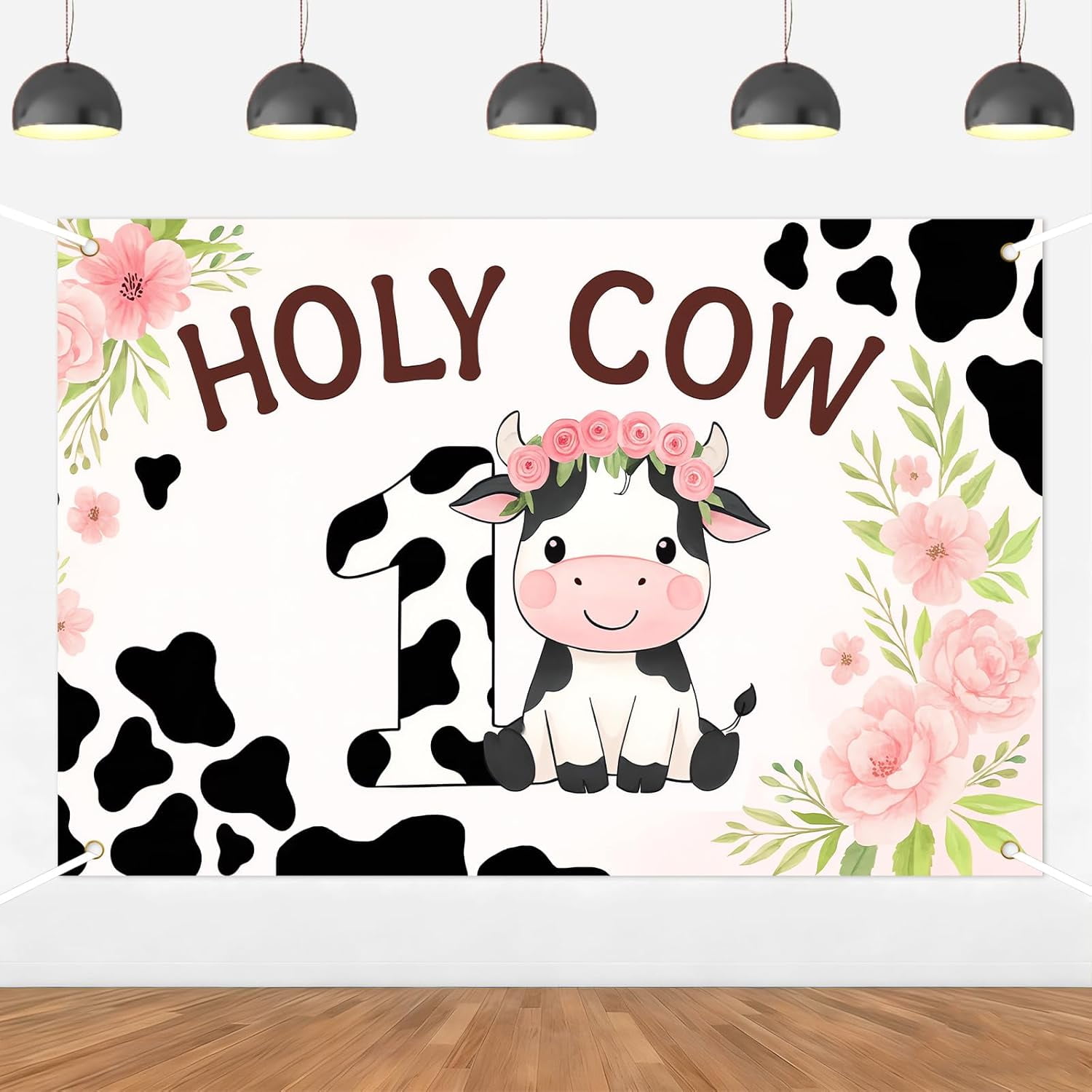6x4Ft Holy Cow I'm One Birthday Backdrop Pink Flower Farm 1st Birthday ...