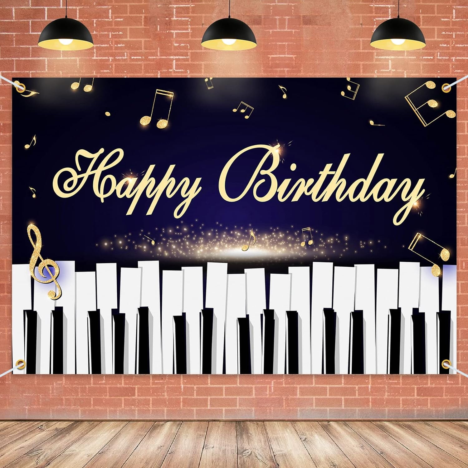 6x4Ft Piano Happy Birthday Backdrop Black Gold Musical Notes Keys ...