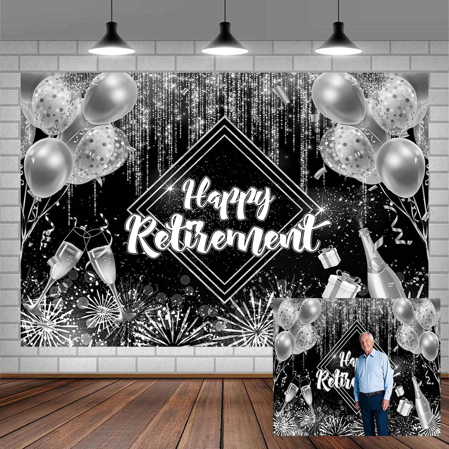 6x4ft Happy Retirement Backdrop Party Decorations, Black and Silver ...