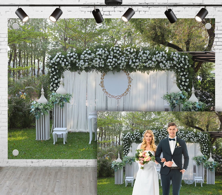 6x4ft Outdoor Wedding Backdrop, Flower Decoration White Veil Tables Chairs Lawn Trees Background ...