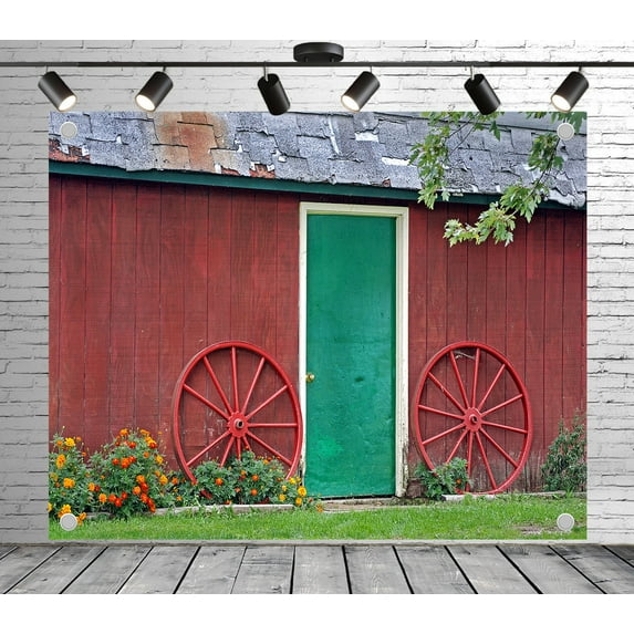 6x4ft Rustic Backdrop Red Barn Green Door Photo Backdrop Wheels ...